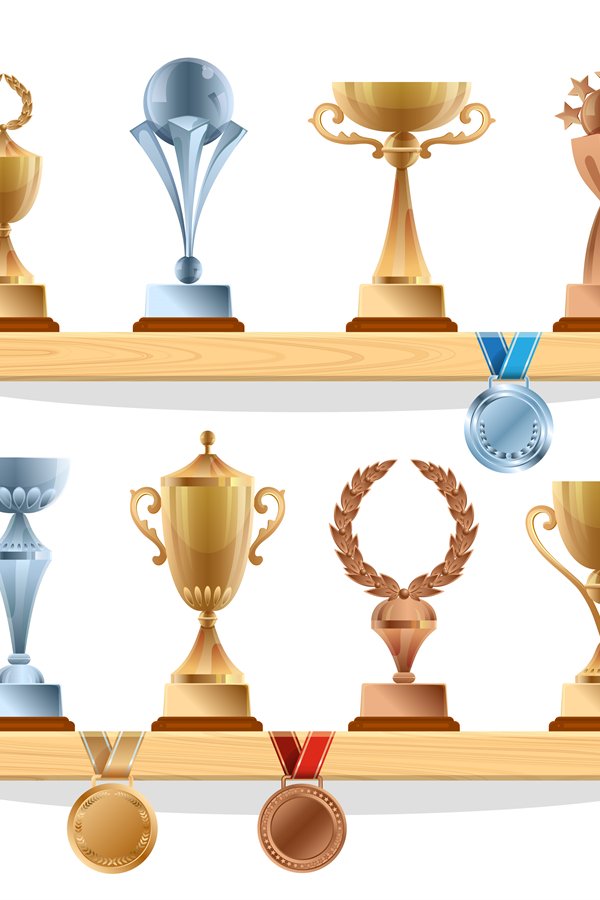 Trophy collections on the shelf. Golden, bronze and silver m