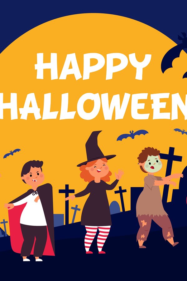 Happy halloween kids. Kid in costume at night, trick or trea