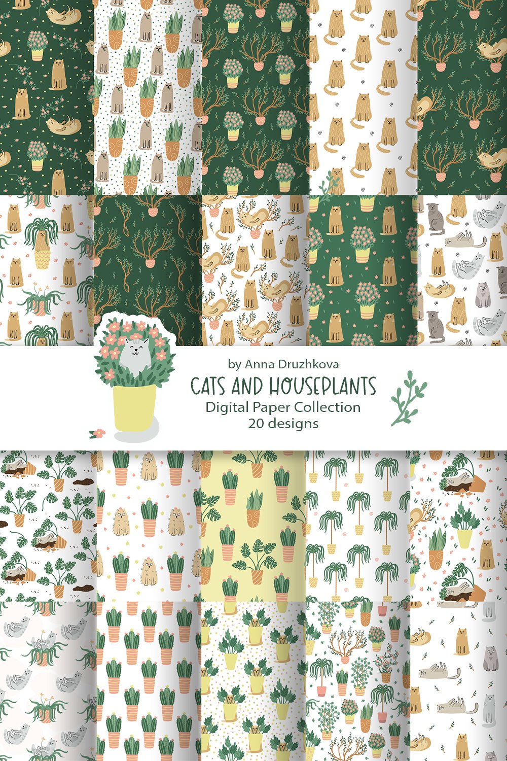 Cats and Potted Plants Digital Paper Collection