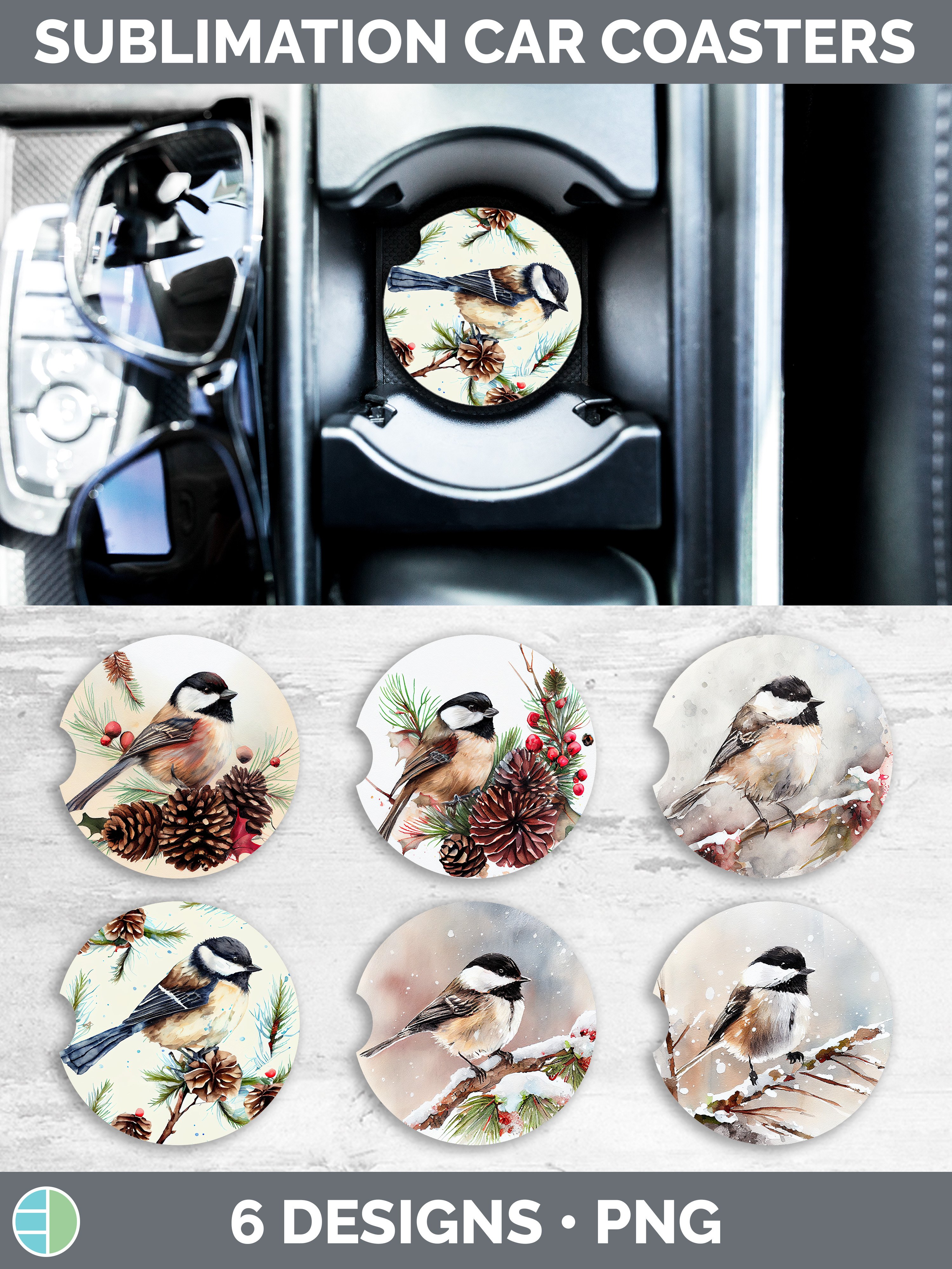 Christmas Chickadee Car Coaster | Sublimation Designs Bundle