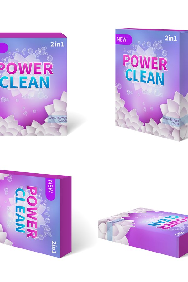Purple detergent cardboard package box in different position