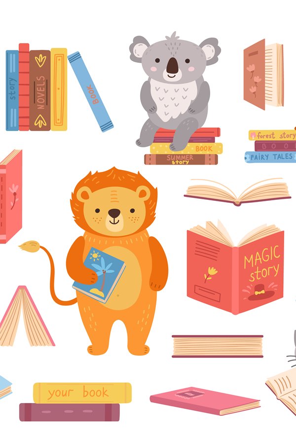 Cute animals with books. Animal read, book stacks. School st