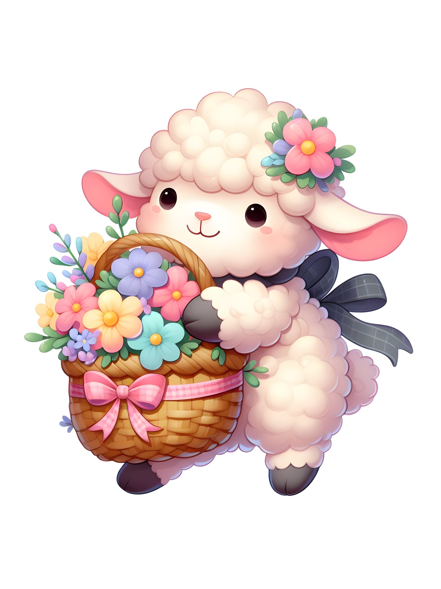 Cute Sheep with Easter Basket, Clipart for Sticker, Png