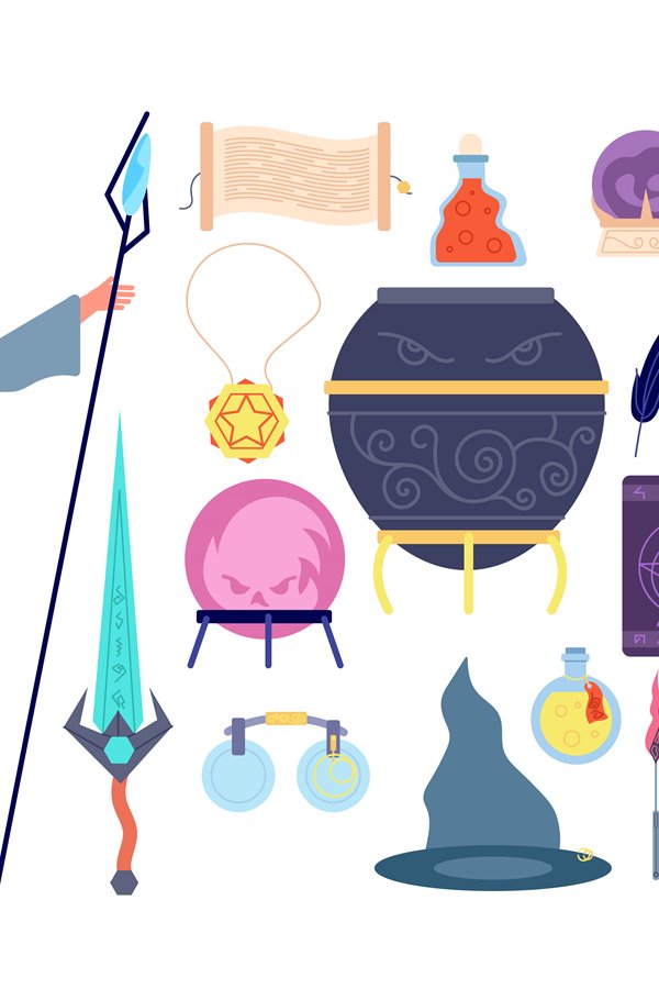 Magic tools. Magical alchemy book, wizard character, crystal