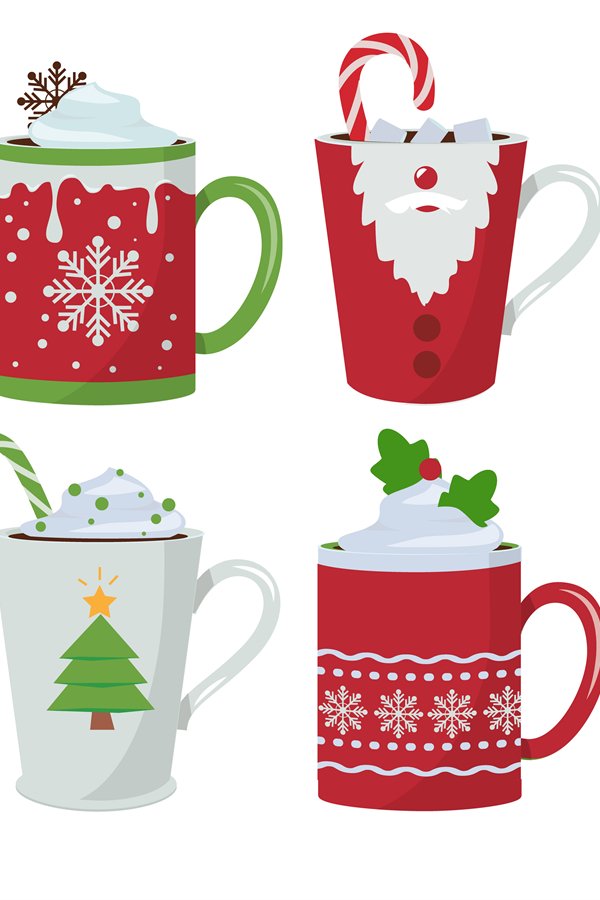 Christmas cup. Holiday hot coffee drinks mug decoration vect