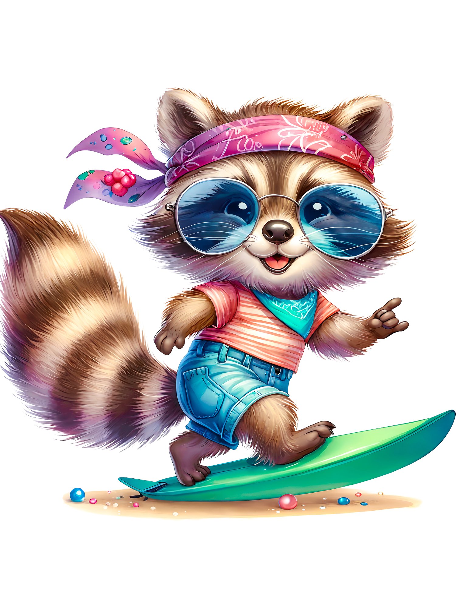 Baby Raccoon Cute Cartoon Surfer Clip Art, Summer, Sea, Png