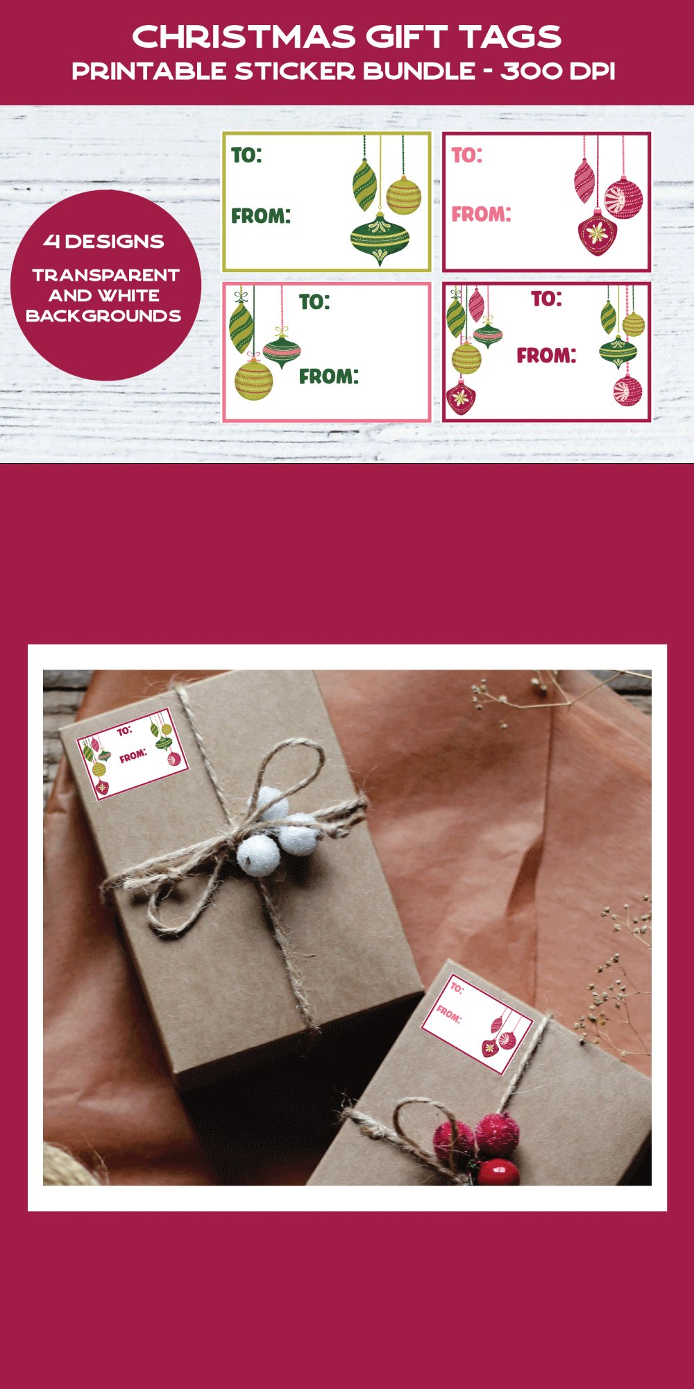 Retro Christmas Ornament Gift Tag Sticker Bundle