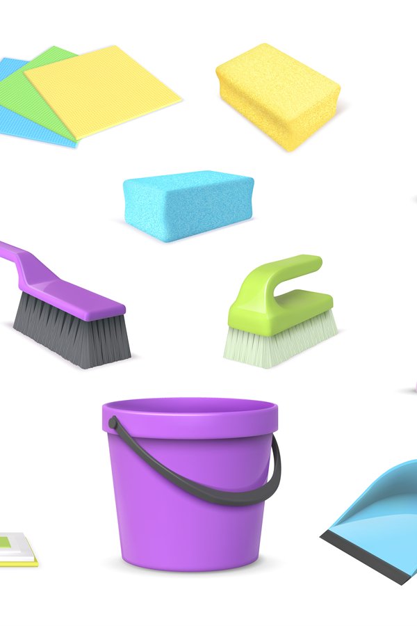 Realistic 3d home cleaning tools, brooms, mop and bucket. Ho