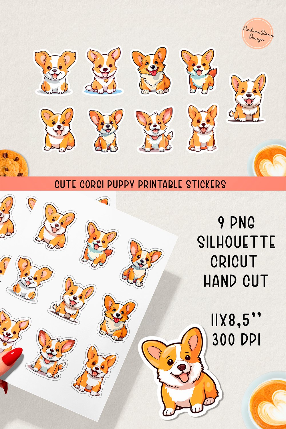Cute Corgi puppy printable stickers. PNG, JPG.