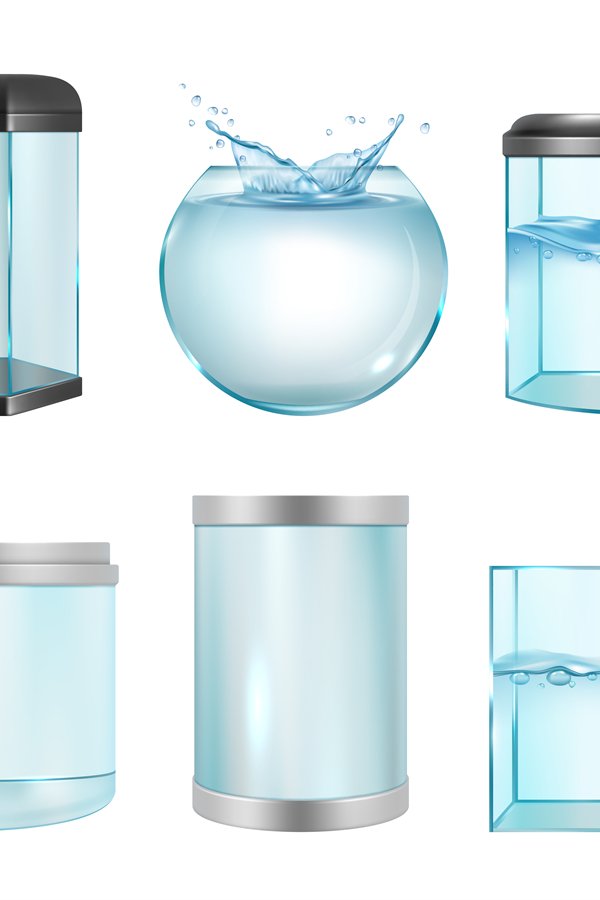 Aquarium for fish. Empty transparent realistic cases for und