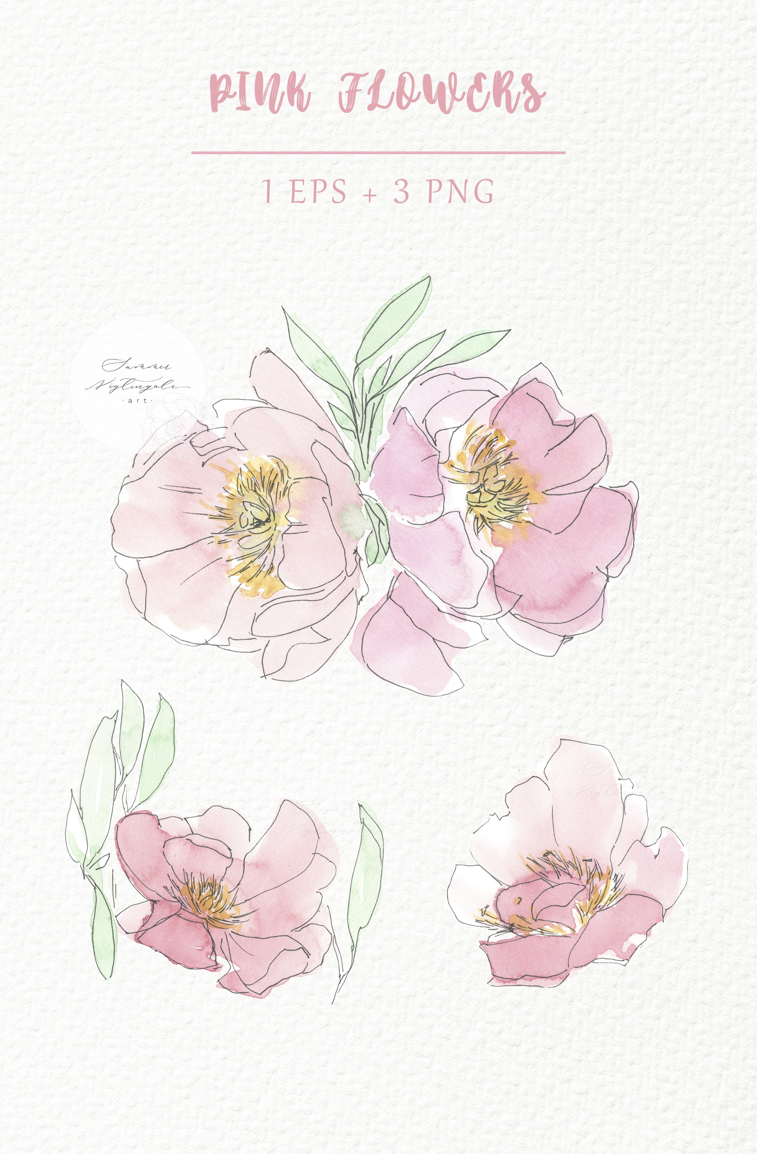 Pink flowers Watercolor Line Graphics Hand Painted Party