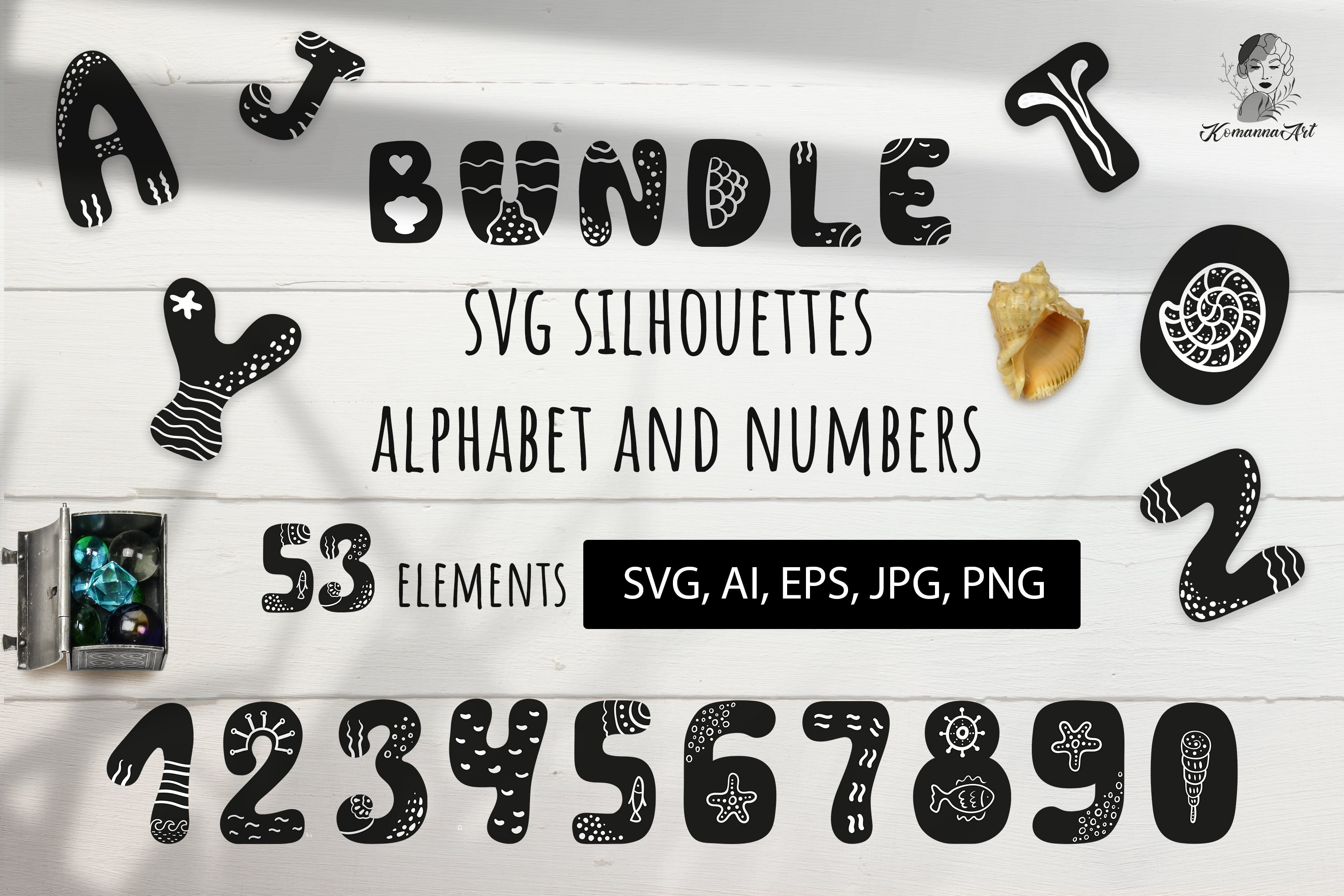 Sea numbers and alphabet silhouettes bundle SVG (937615)