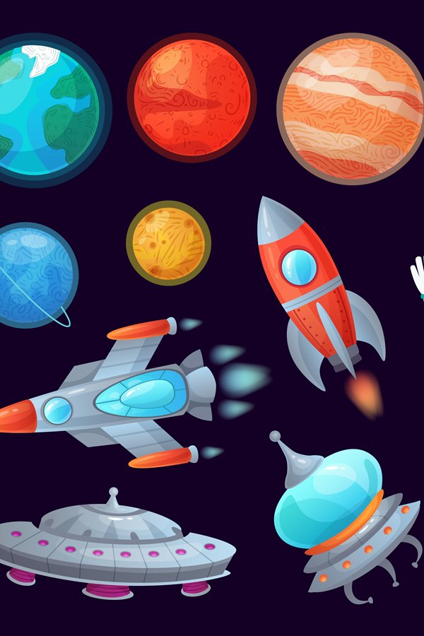 Space items. Alien ufo, universe planet and missile rockets.
