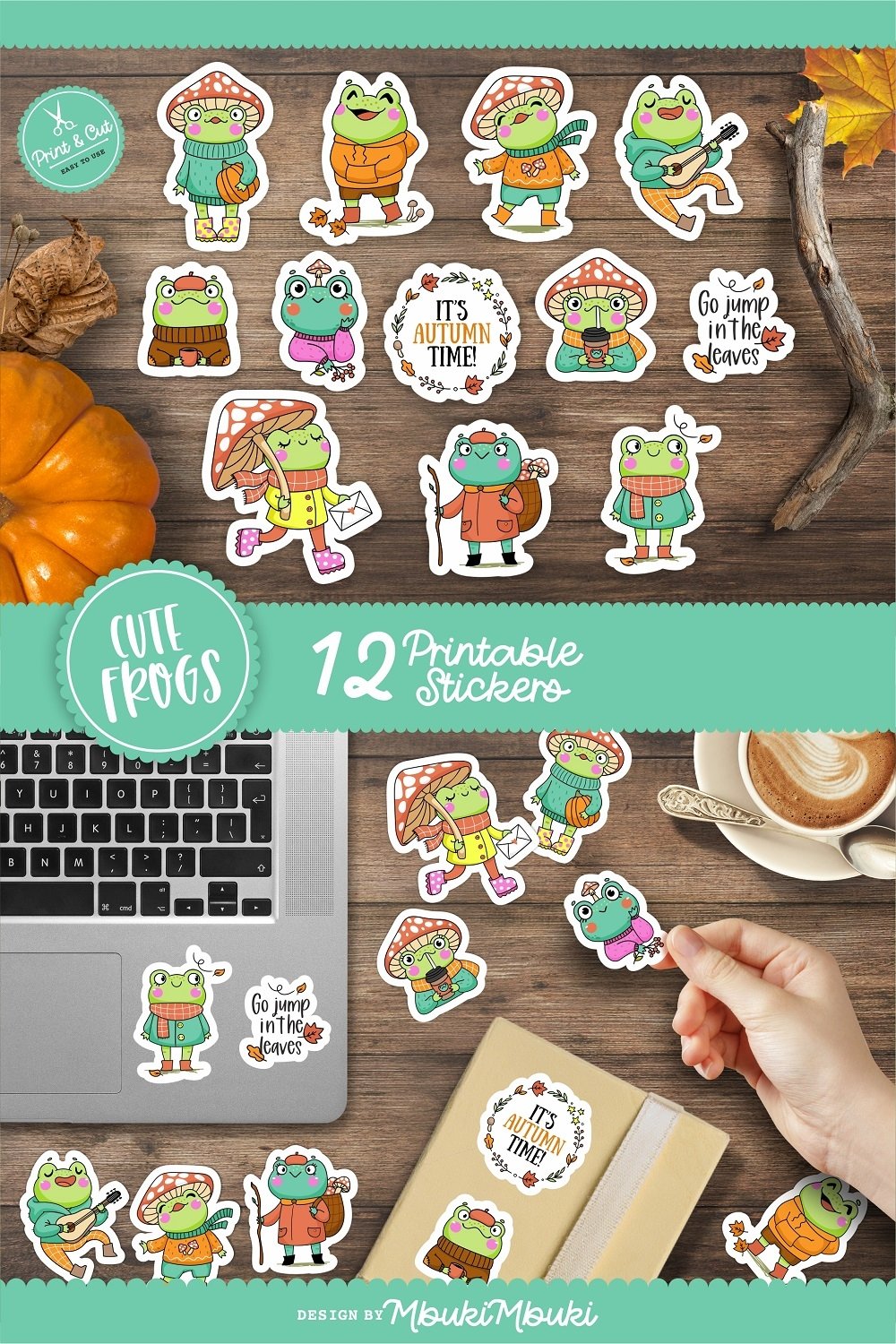 Cute Autumn Frogs Printable Stickers For Kids | 12 Designs