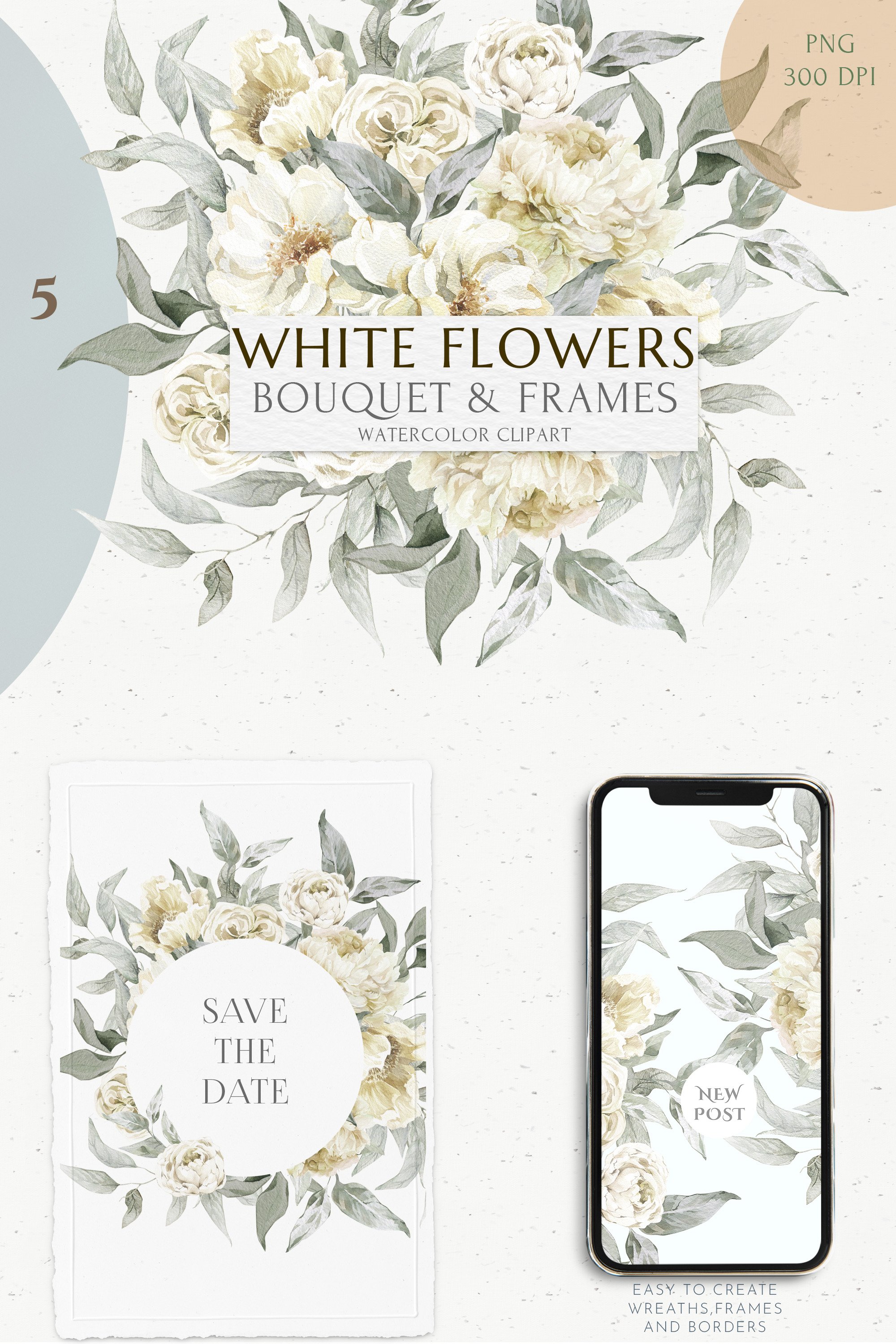 White Peony Floral Pastel Watercolor Wedding Bouquet Frame