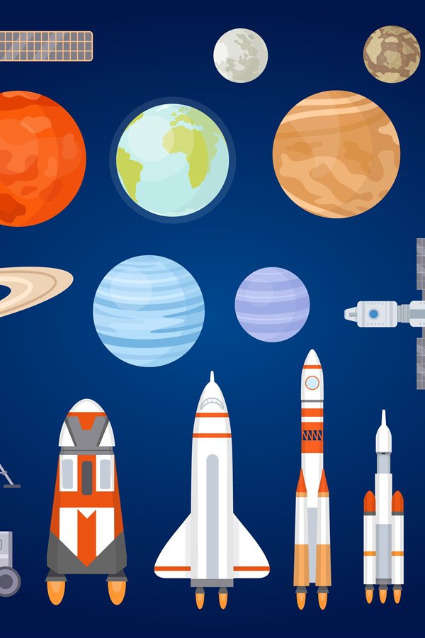 Space elements. Solar system planets, sun, spaceship, rocket