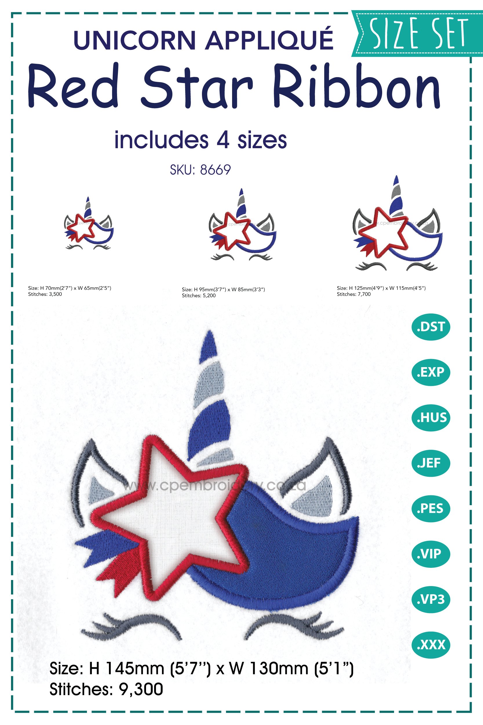 Red Star Ribbon Unicorn Head Applique Embroidery Design