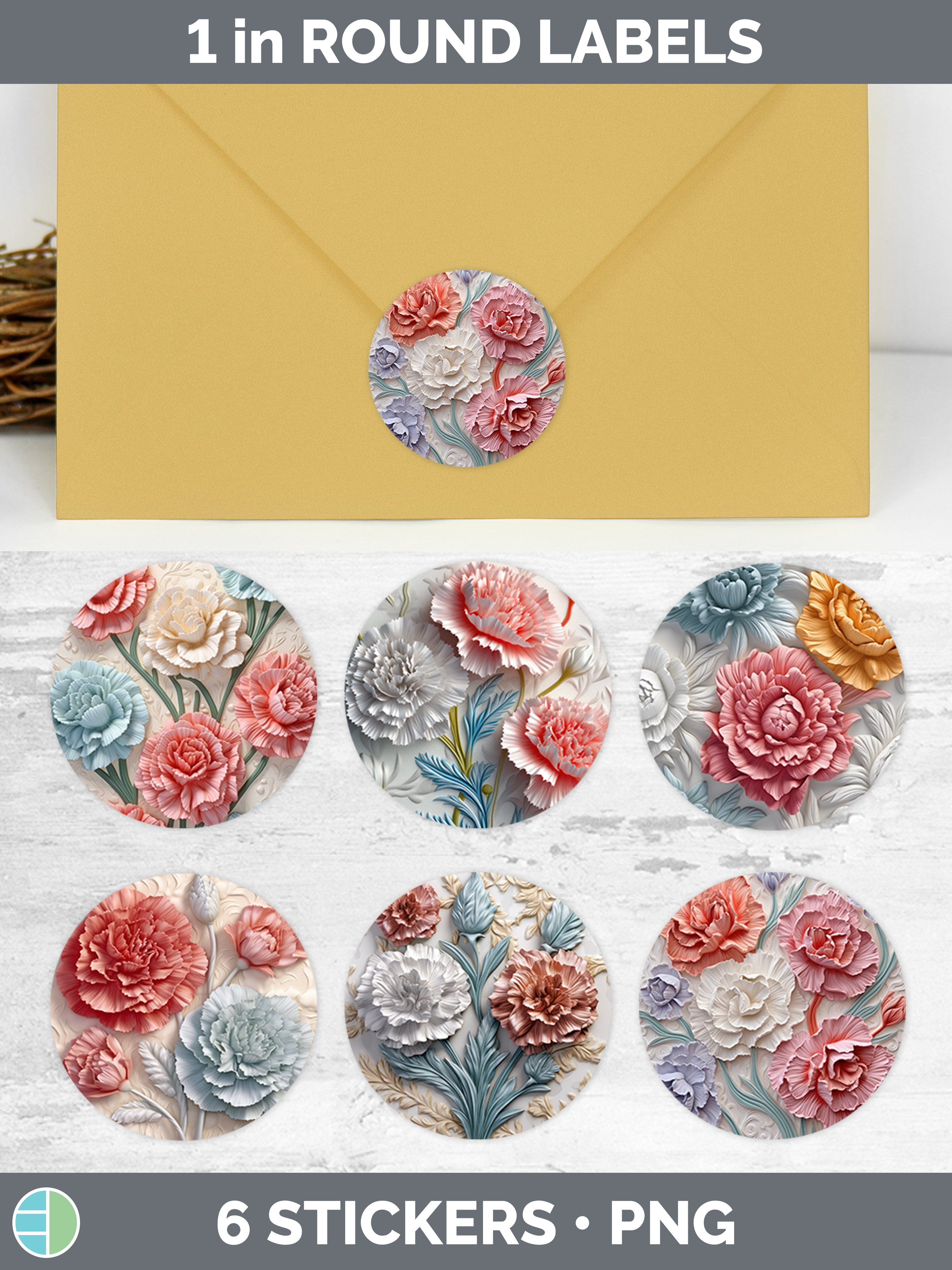 3D Carnation Flowers Stickers | Round Labels Designs Bundle