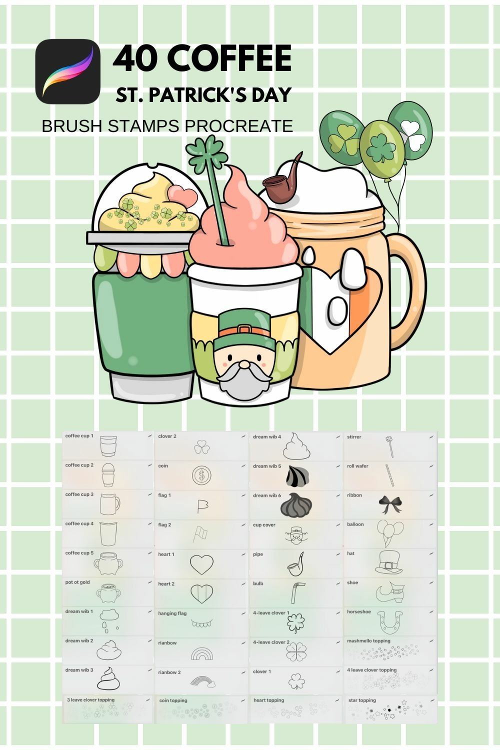40 Coffee St. Patrick's Day Procreate Brush Stamps