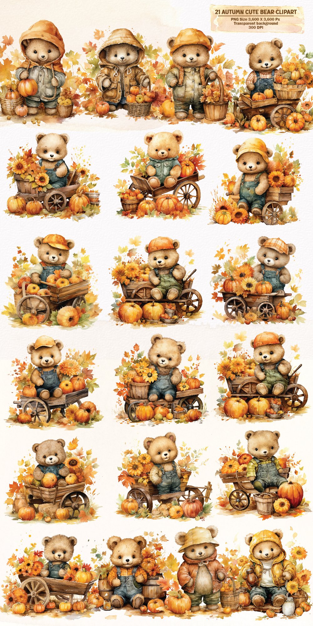Watercolor Autumn Pumpkin Clipart, Cute Bear Fall (2687795)
