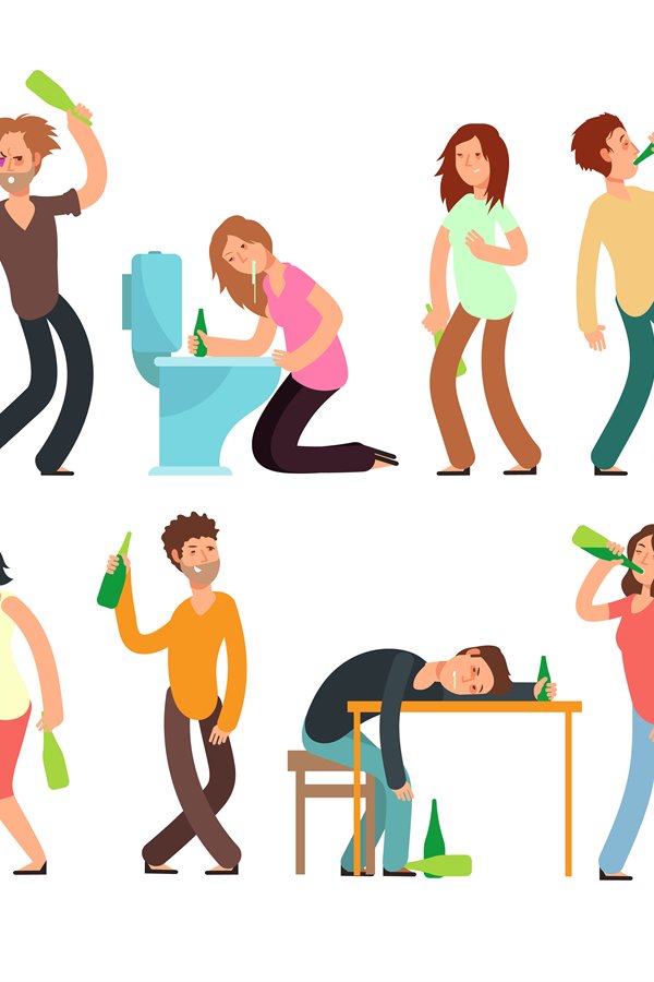 Cartoon man and woman alcoholic. People drunkard in bad situ