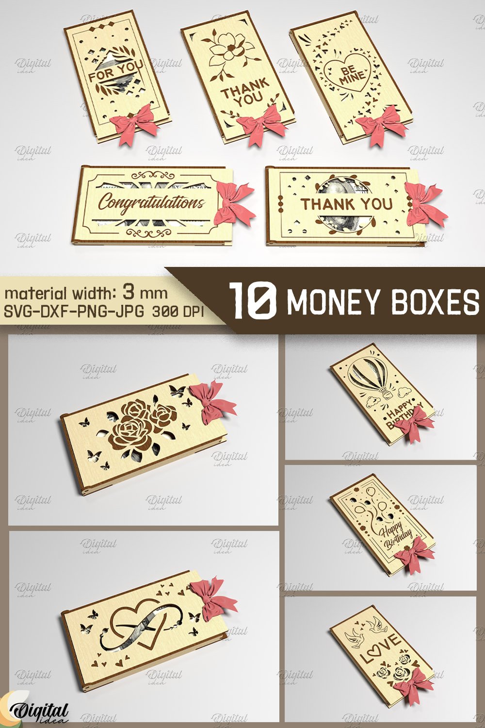 3D Money boxes bundle. Cash gift box laser cut. Money holder