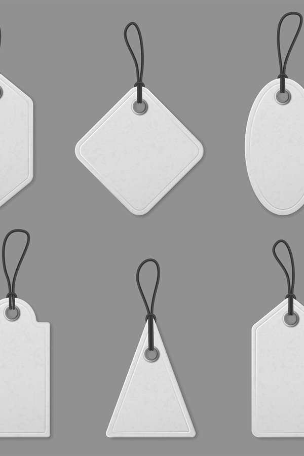 Price label tag cards. Realistic white shopping labels with