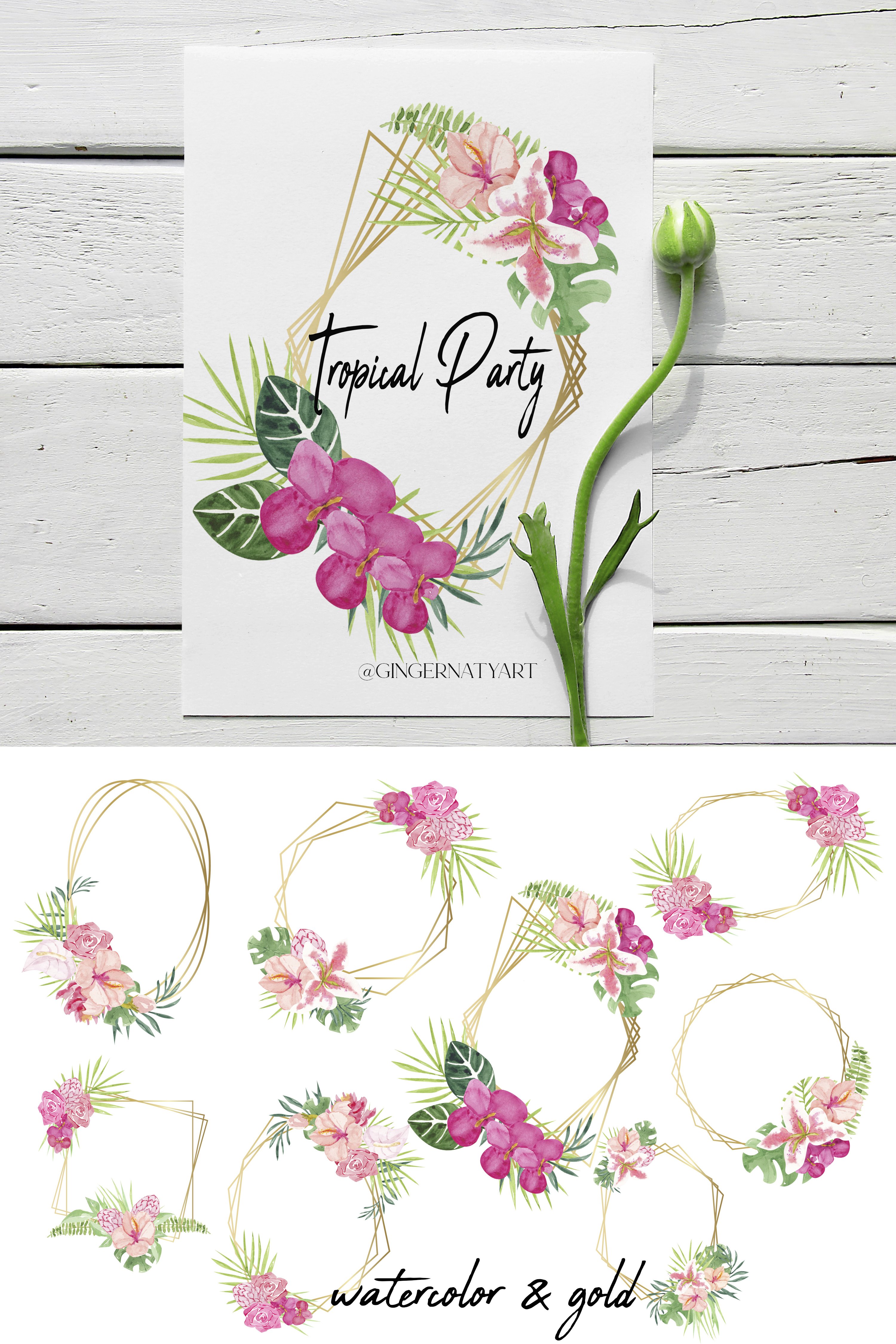Tropical frame clipart, geometric gold frame