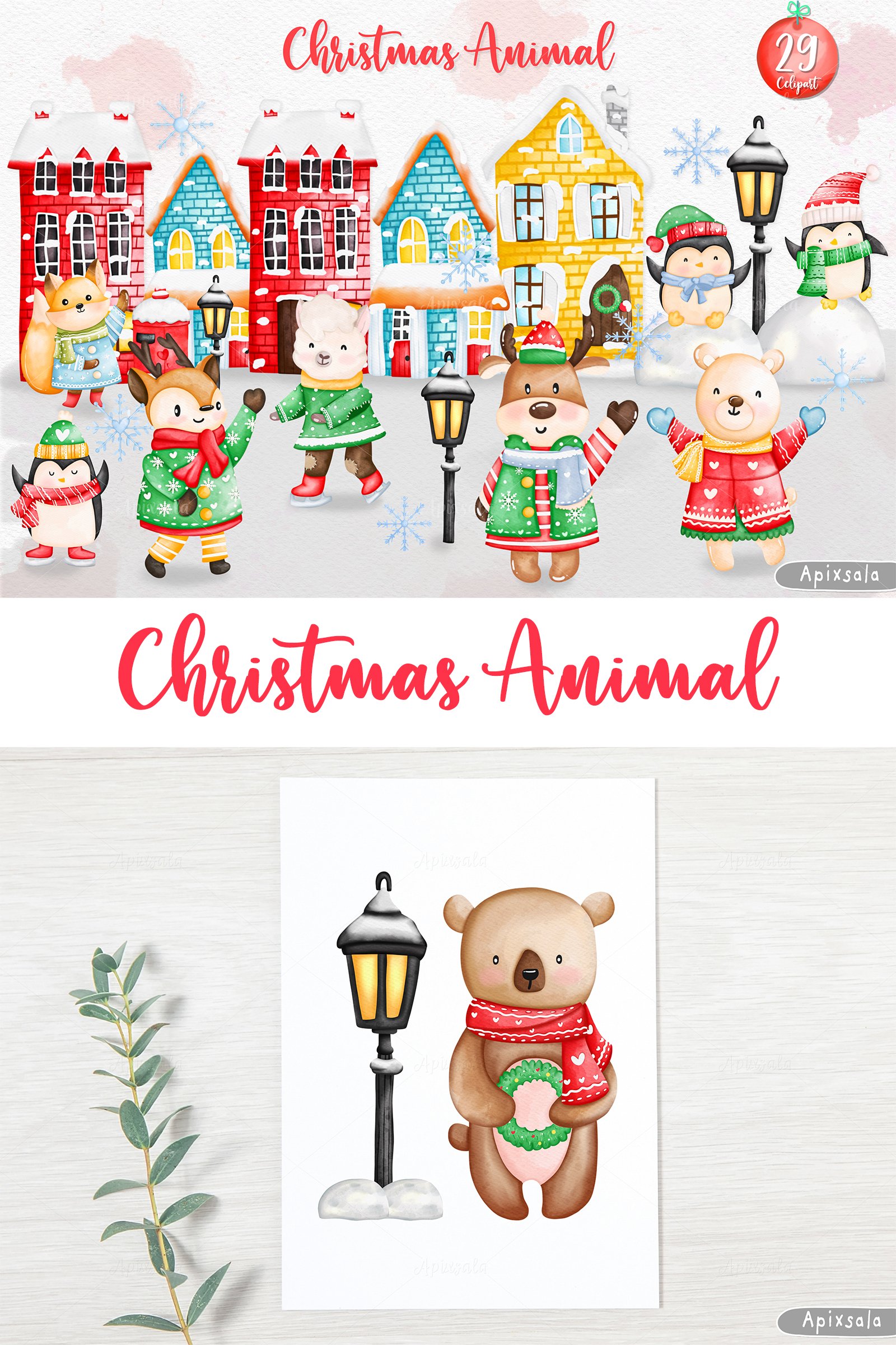 Watercolor Christmas Animal Clipart | Winter Animal Bundle