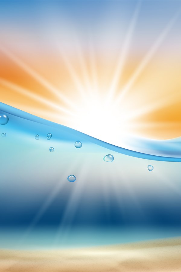 Ocean wave background with sun. Water landscape with sunrise