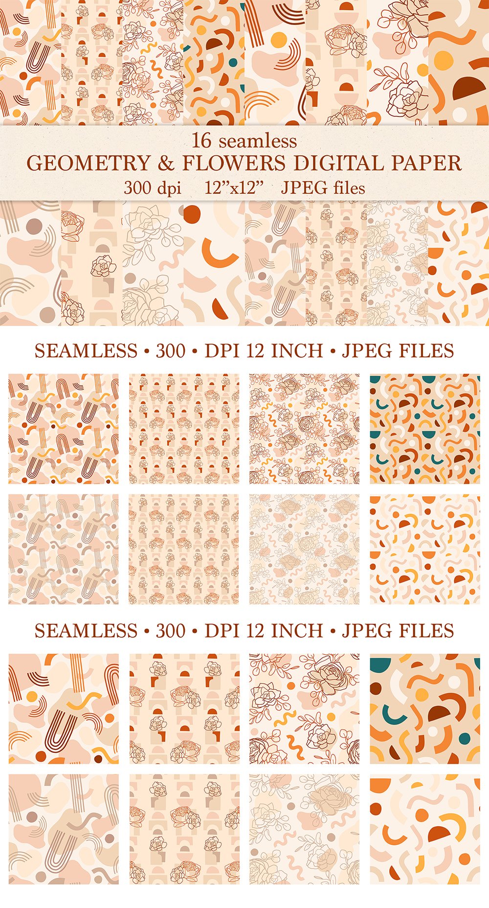 Floral boho digital paper, Boho abstract seamless pattern