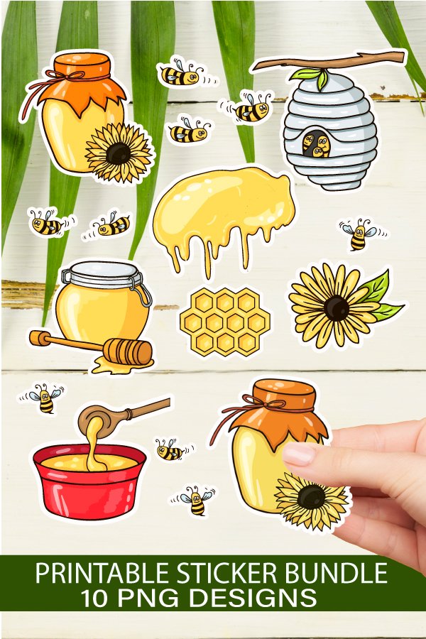 Bees and honey sticker printable bundle - 10 PNG (1476466)