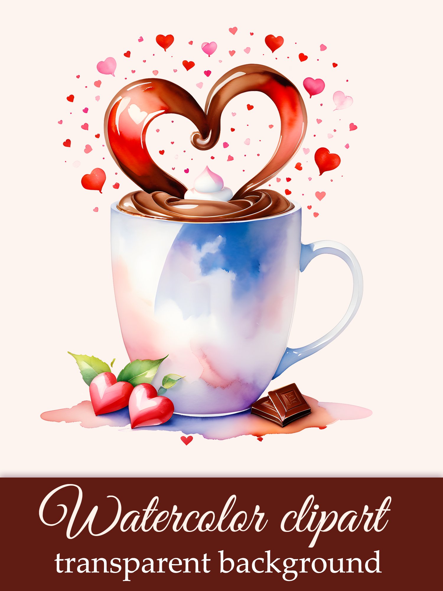 Watercolor coffee cup with hearts and chocolate, clipart Png