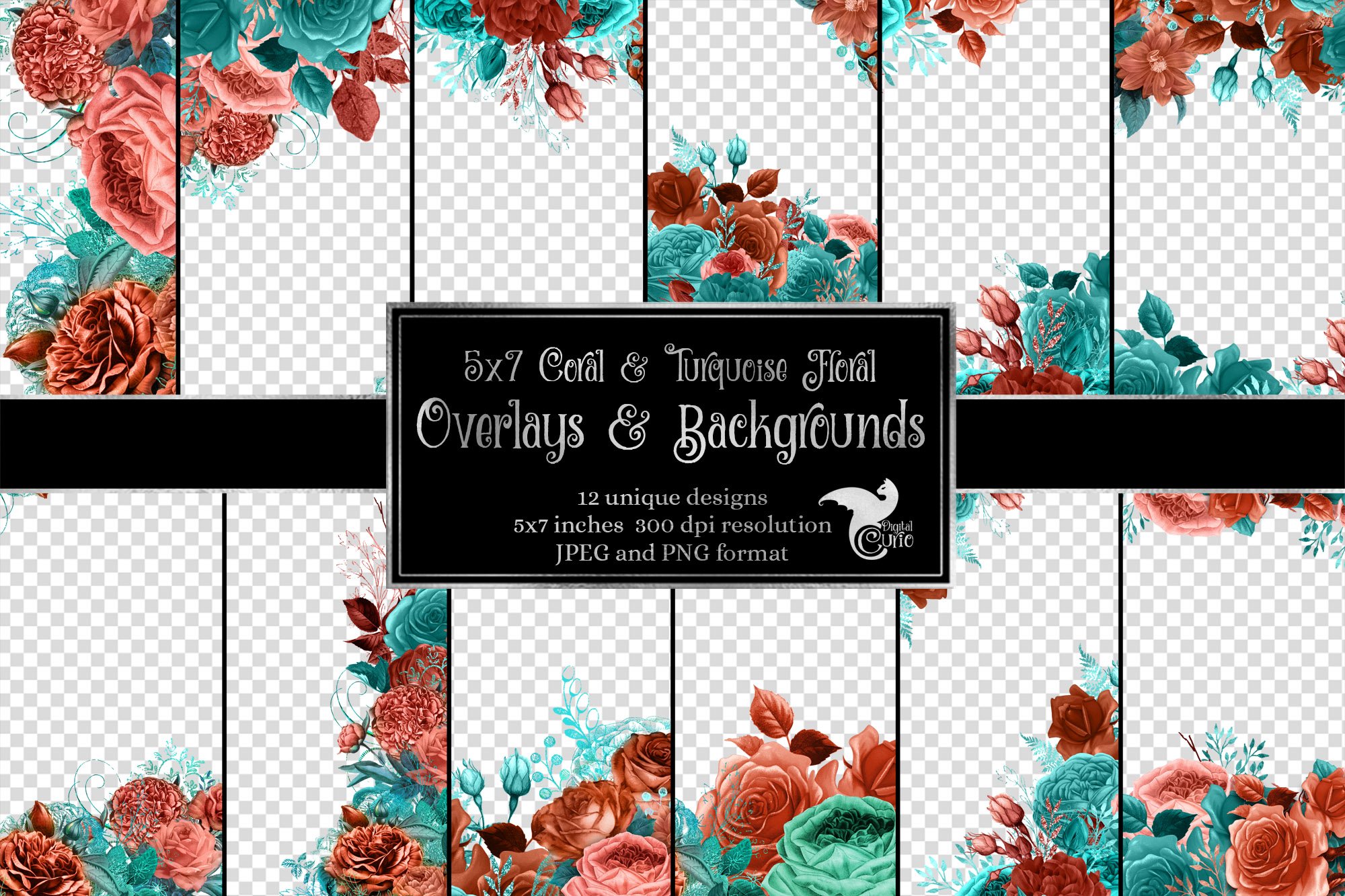 5x7 Coral and Turquoise Floral Overlays