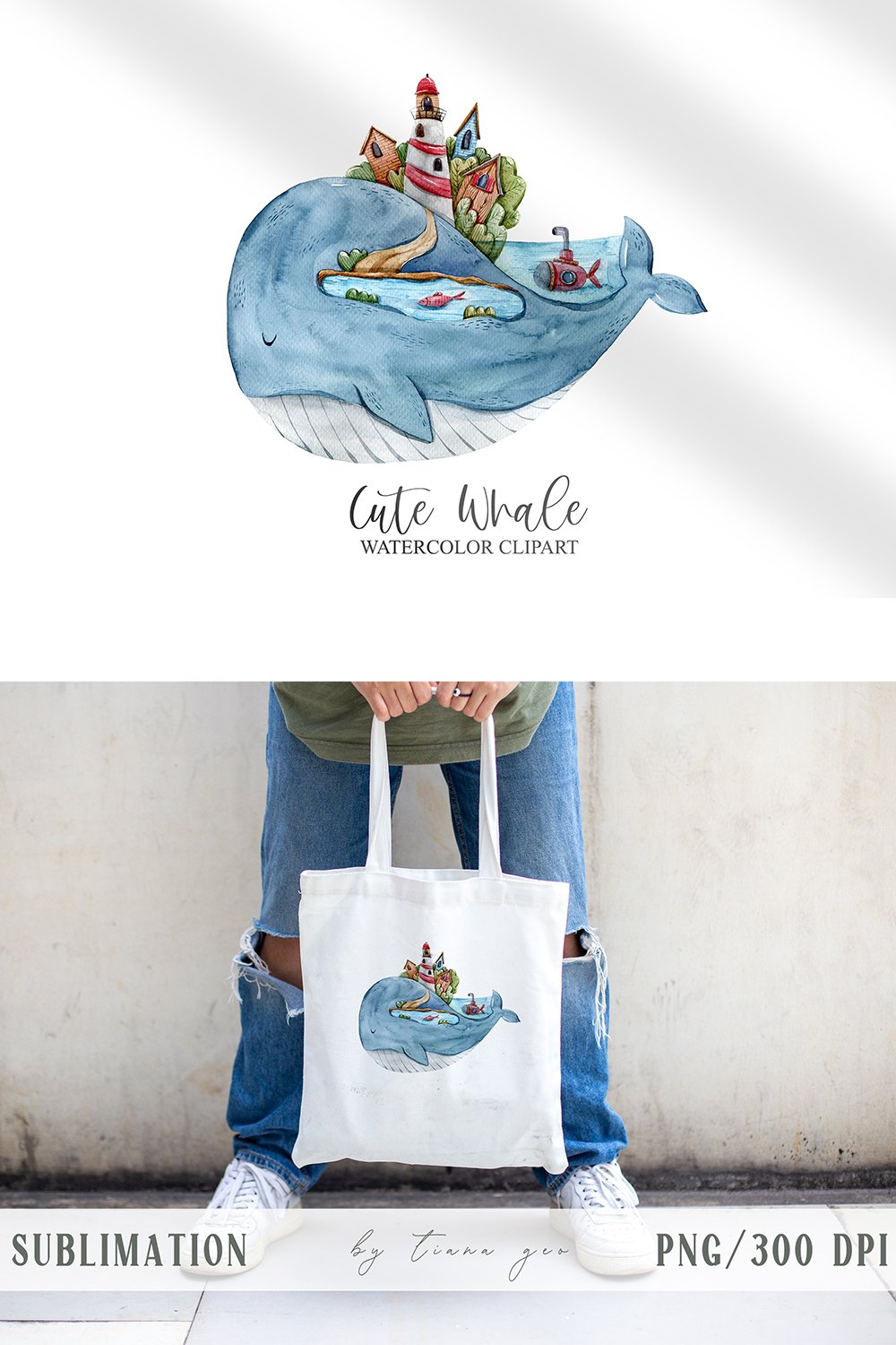 Cute watercolor whale clipart -1 png file for sublimation