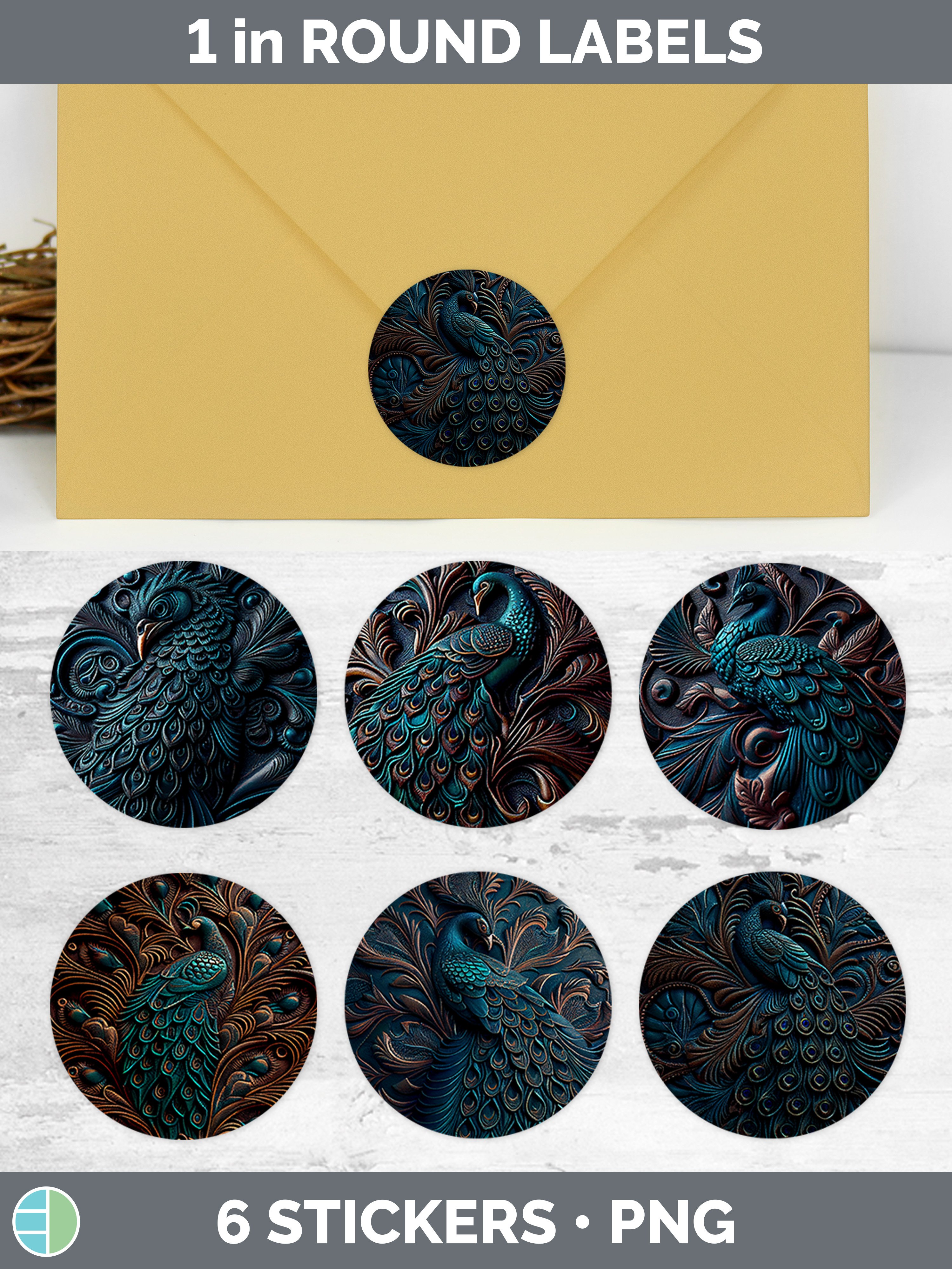 Tooled Leather Peacock Stickers | Sticker 1in Round Labels P