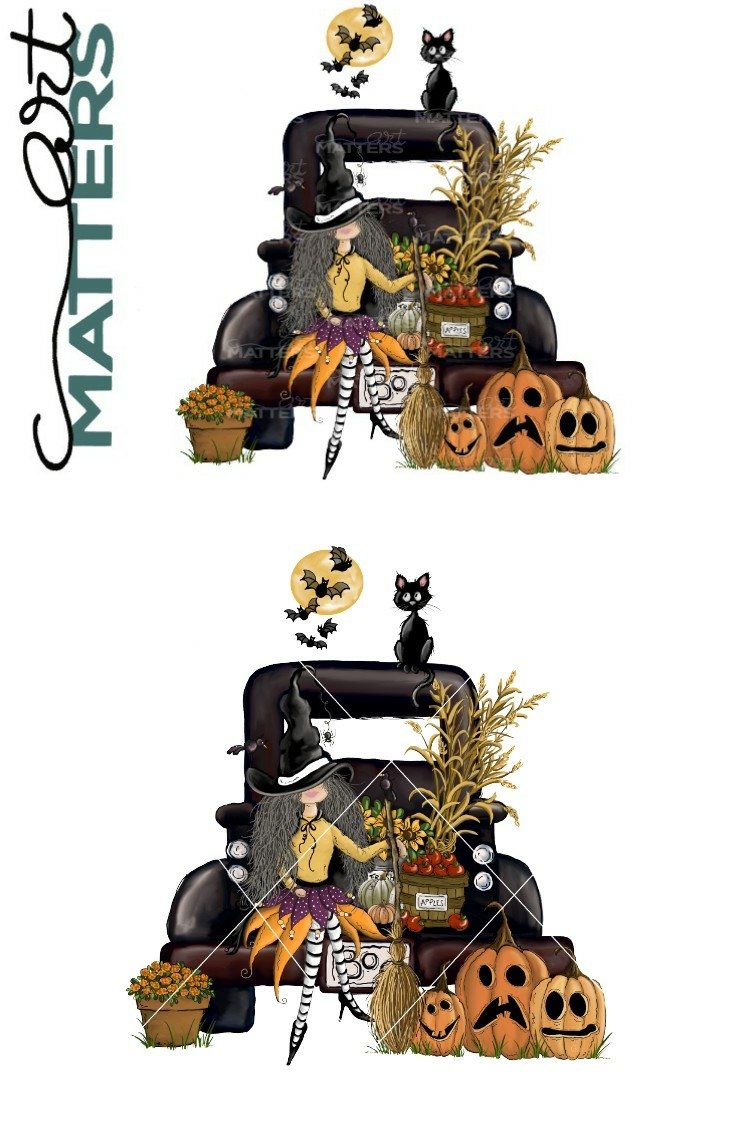 Halloween Witch Vintage Truck Fall Pumpkins - 300 DPI