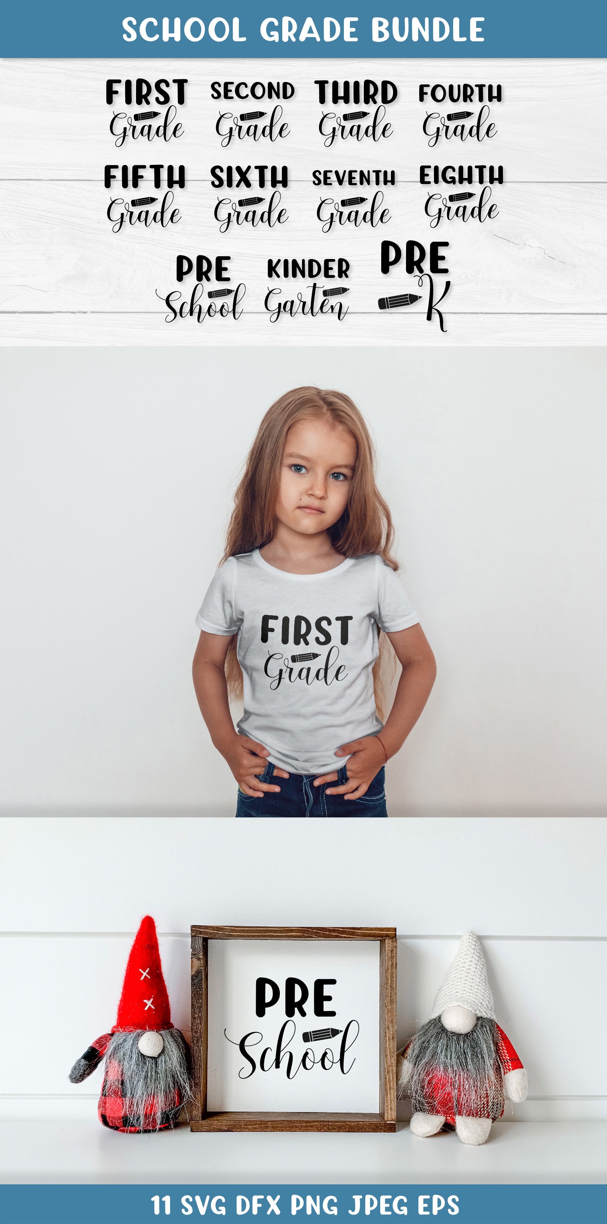 School Grade SVG Bundle. Kindergarten, 1st to 8th Grades,