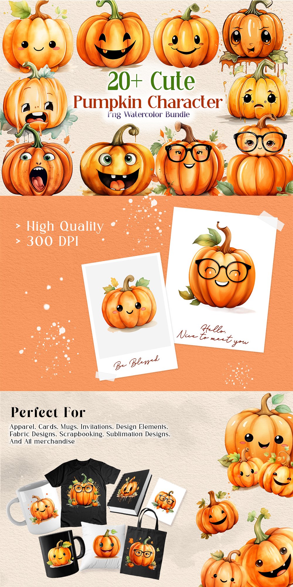 Cute Pumpkin Face Character PNG Watercolor Clipart Bundle