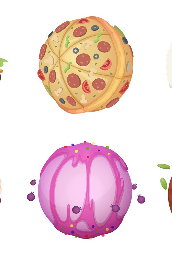 Planets from food. Space set from candy sweets burgher kitch