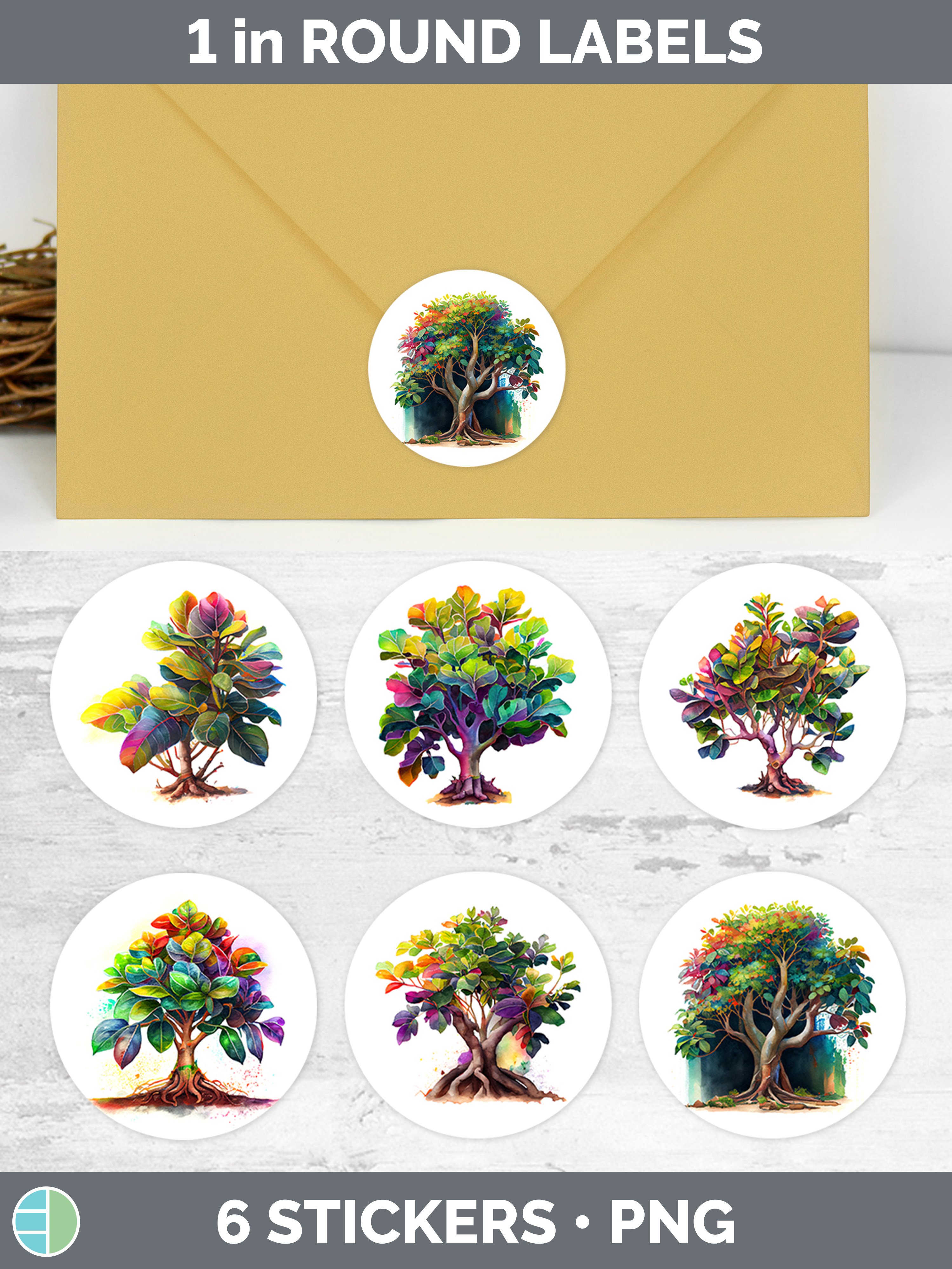 Rainbow Fig Trees Stickers | Round Labels Designs Bundle