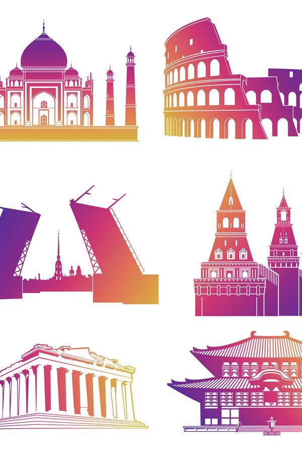 Famous landmarks silhouettes icons