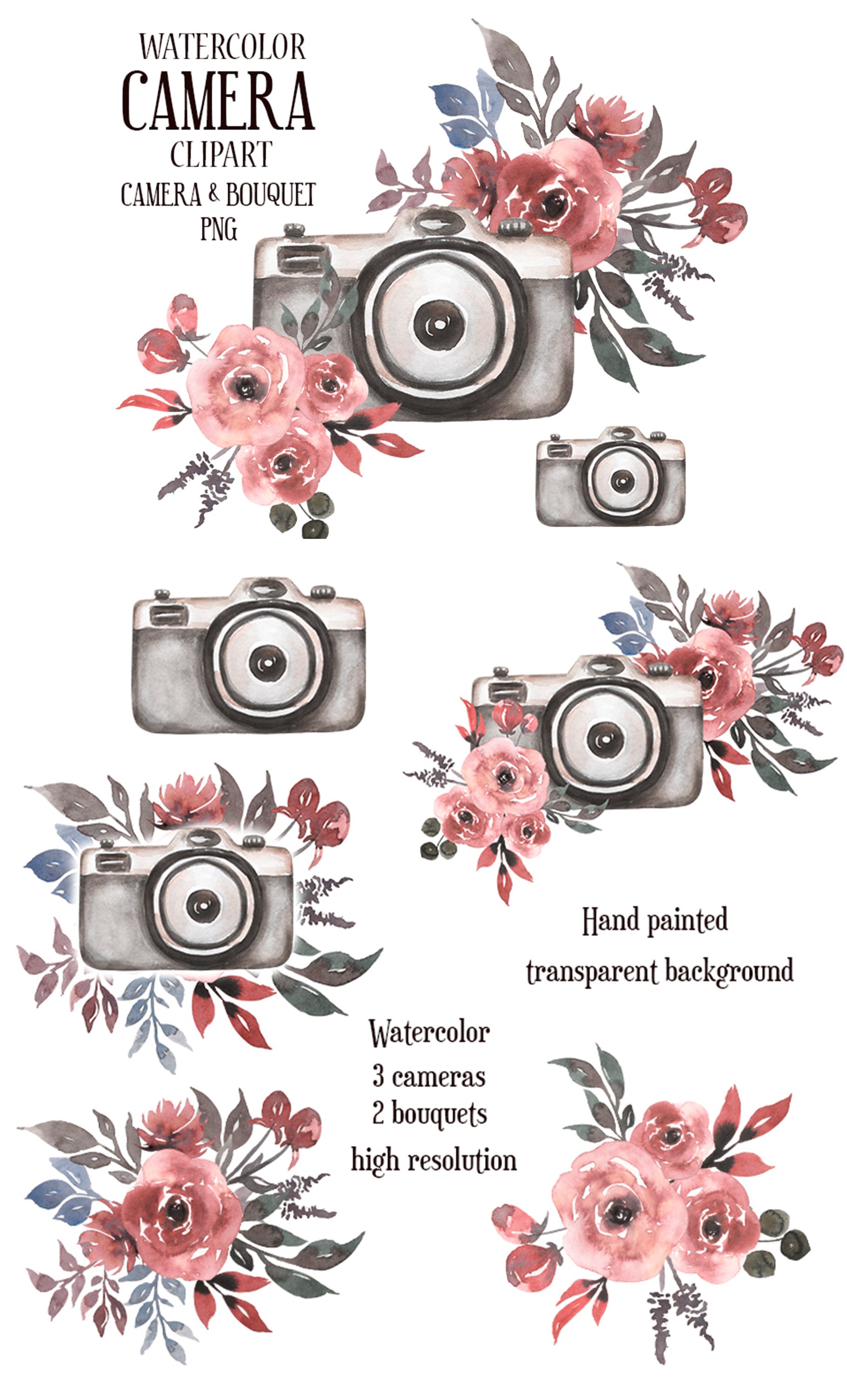 Watercolor Camera & Bouquet Clipart