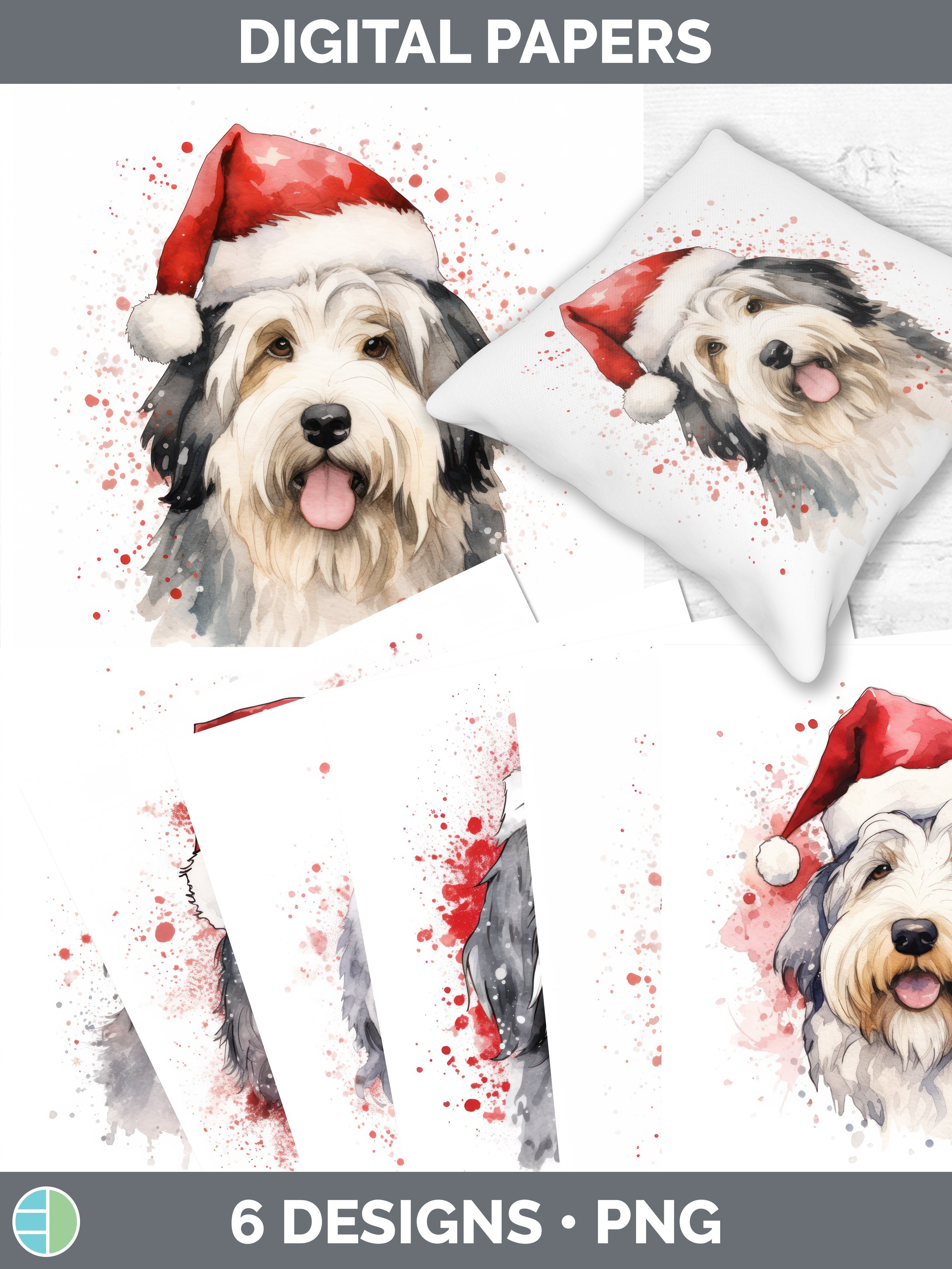 Christmas Santa Hat Sheepdog Dog Paper Backgrounds | Digital