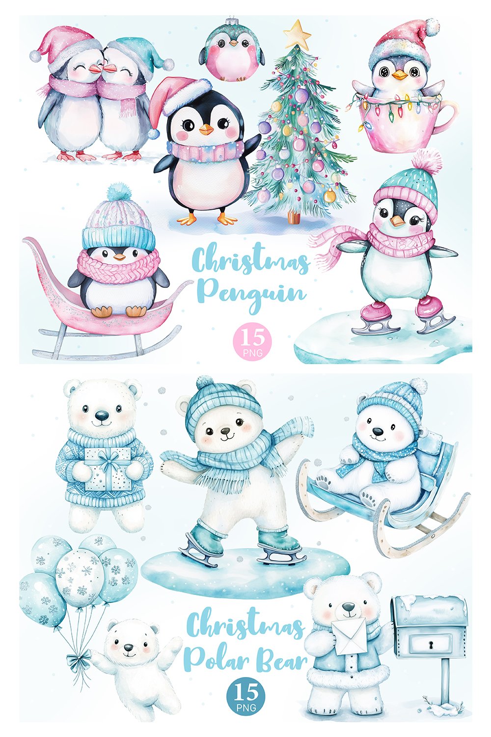 Christmas Polar Bear Clipart | Winter Holiday Animals Bundle