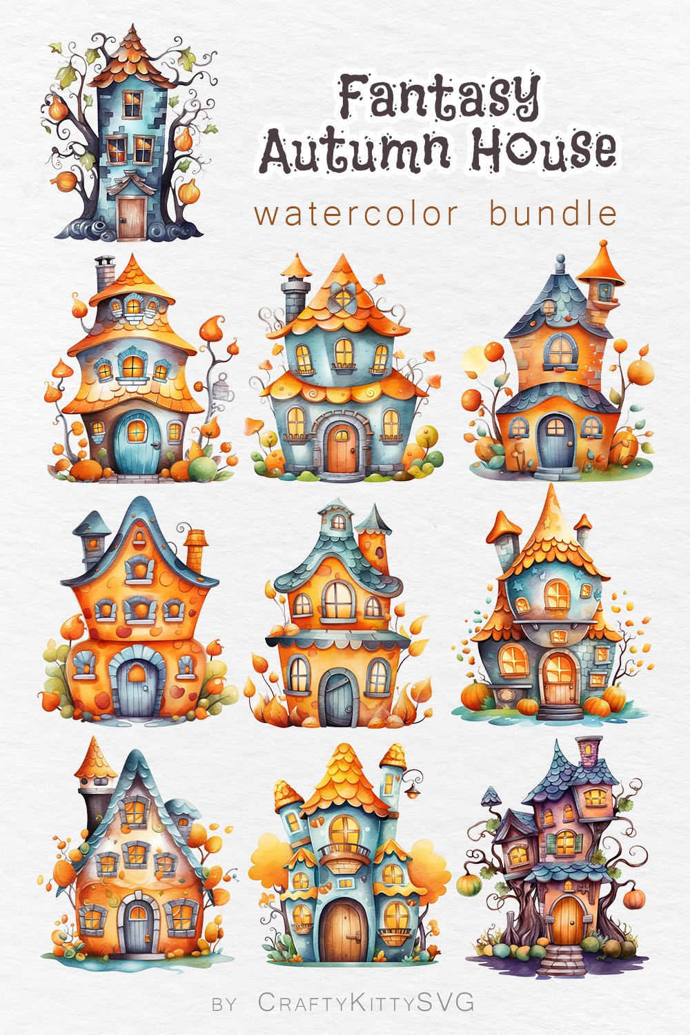 Fall Autumn Fairy Houses PNG bundle, Cute watercolor clipart