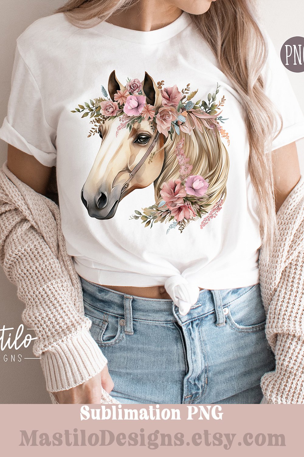 Horse With Flowers Png for Sublimation, Watercolor Horse Png