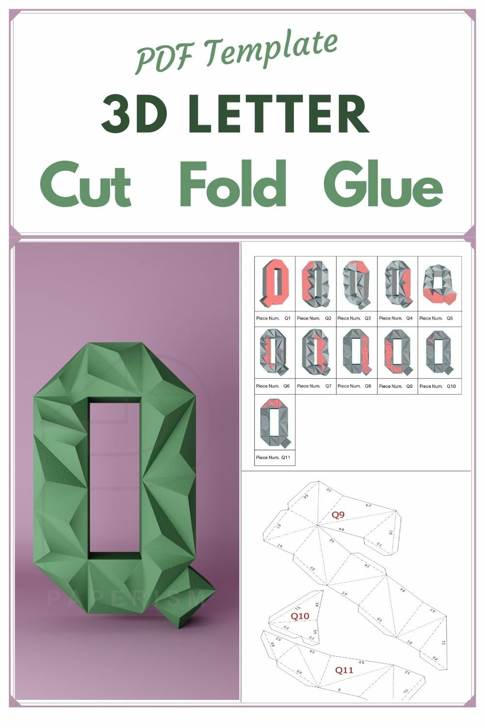 Q Letter Papercraft, 3d Alphabet, DIY pdf template, low poly