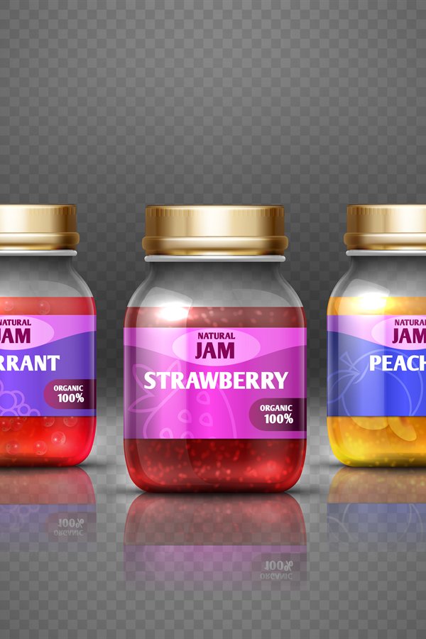 Closeup glass jar with jam, marmalade label and badge design