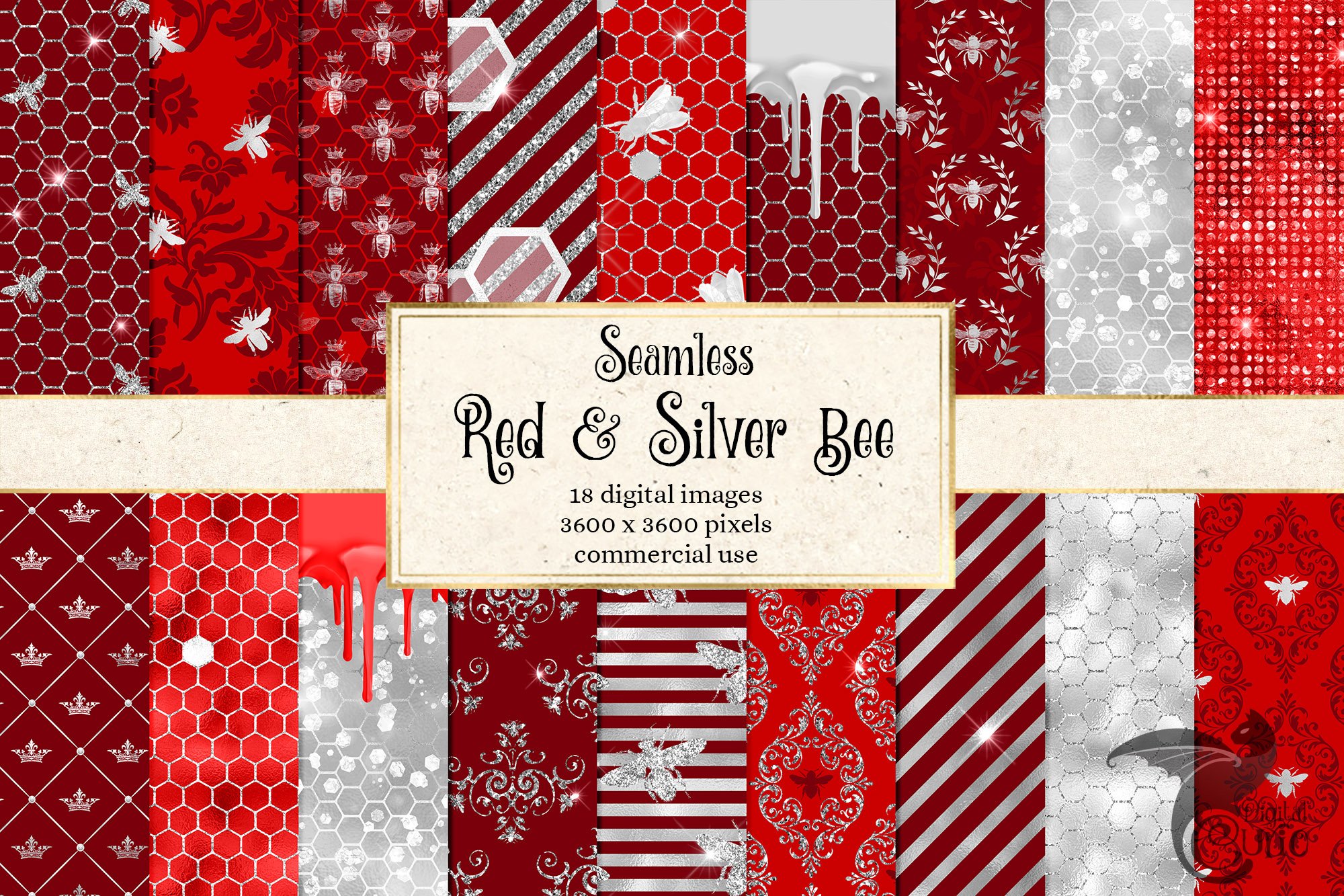 Red and Silver Honey Bee Digital Paper